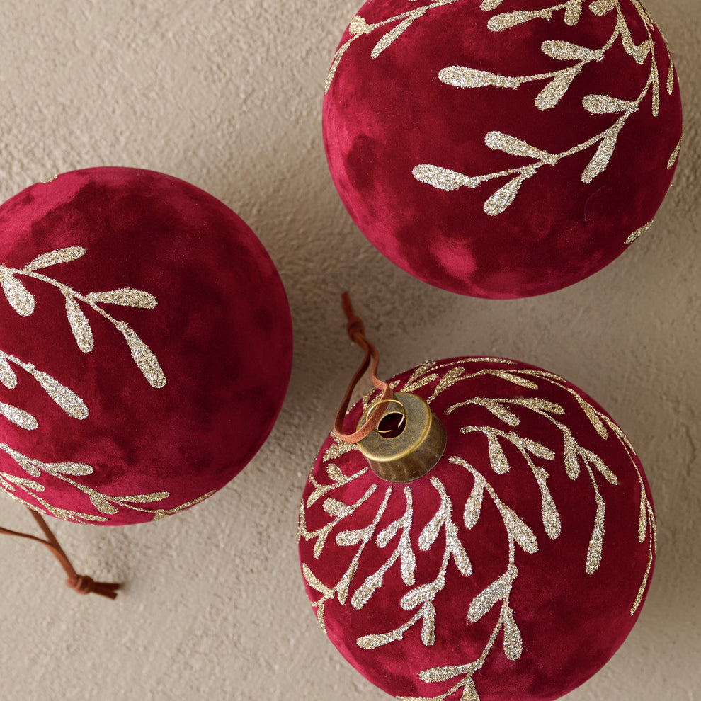 Flocked Floral Glitter Ornament, Set of 3 – Magnolia